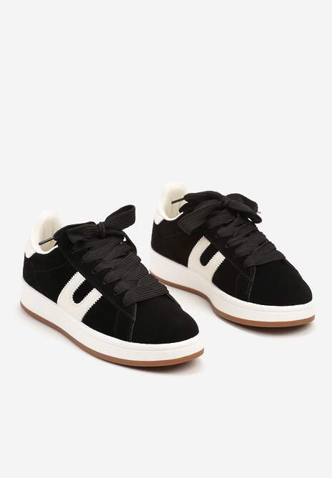 Czarne Sznurowane Sneakersy na Płaskie Podeszwie Wykończone ...