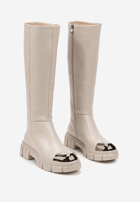 Beżowe Kozaki z Ozdobnym Metalicznym Noskiem Meritha - Renee