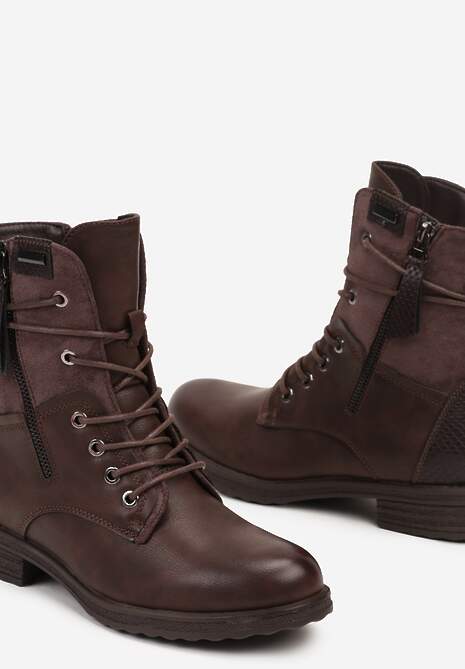 Brązowe Botki Typu Trapery Ozdobione Wstawką z Ekozamszu i Suwakiem Debisha - Renee