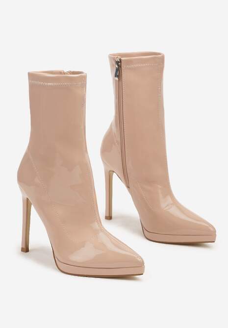 Beżowe Lakierowane Botki na Obcasie Typu Szpilka ze Szpiczastymi ...