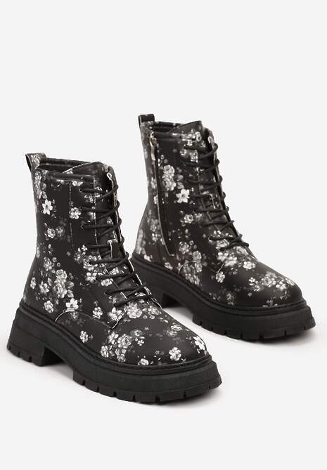 Czarno-Białe Botki Workery na Grubej Podeszwie z Tłoczeniami Daitara ...