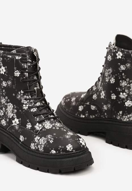 Czarno-Białe Botki Workery na Grubej Podeszwie z Tłoczeniami Daitara ...