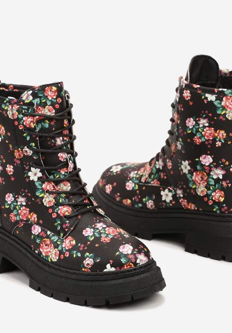 Czarno-Czerwone Botki Workery na Grubej Podeszwie z Tłoczeniami Daitara ...