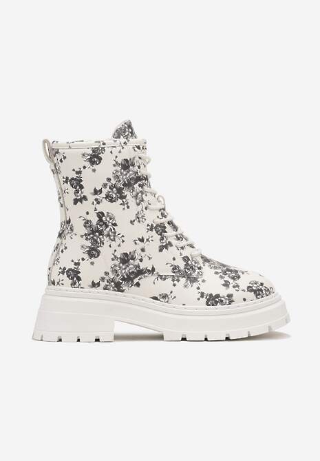 Biało-Czarne Botki Workery na Grubej Podeszwie z Tłoczeniami Daitara ...