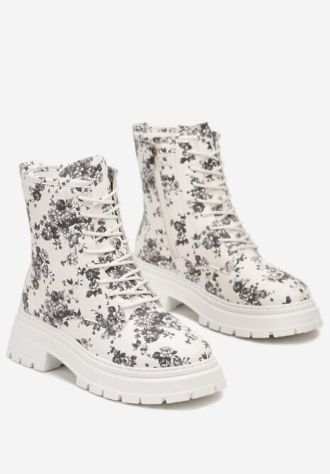 Biało-Czarne Botki Workery na Grubej Podeszwie z Tłoczeniami Daitara ...