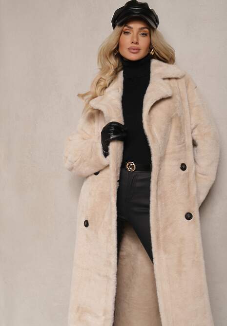 Beżowy Futerkowy Płaszcz z Domieszką Wiskozy o Dwurzędowym Kroju Ravora ...