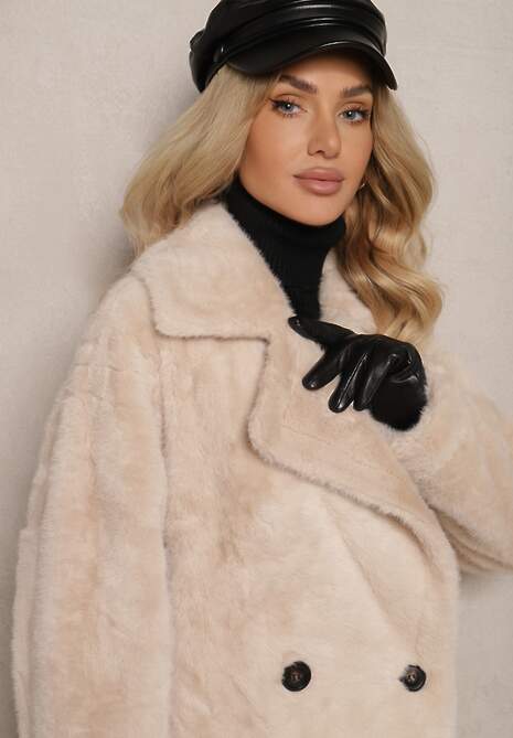 Beżowy Futerkowy Płaszcz z Domieszką Wiskozy o Dwurzędowym Kroju Ravora ...