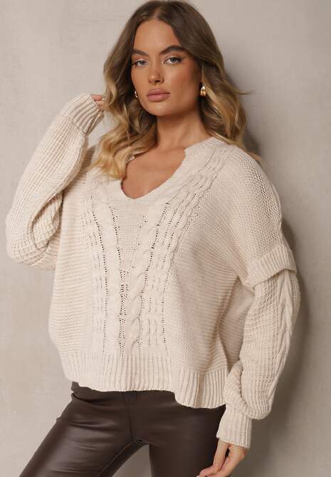 Beżowy Sweter z Głębokim Dekoltem i Ozdobnym Tłoczeniem Venolia - Renee