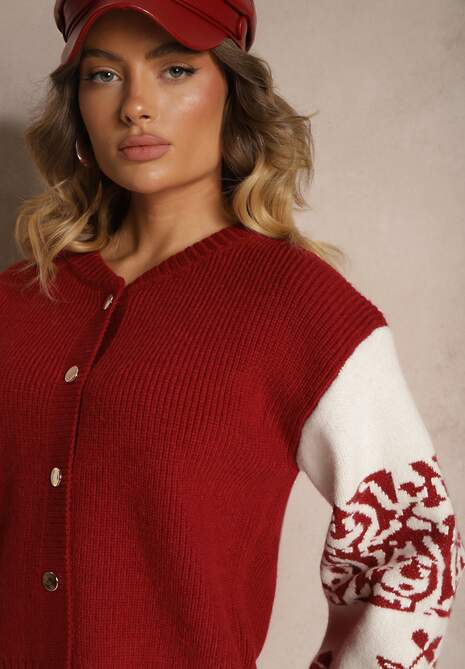 Bordowy Kardigan z Wiskozy na Guziki Ozdobiony Geometrycznym Wzorem ...