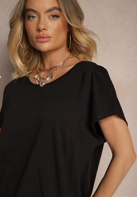 Czarny Bawełniany T-shirt w Stylu Oversize z Rękawami Nietoperz Alolia ...