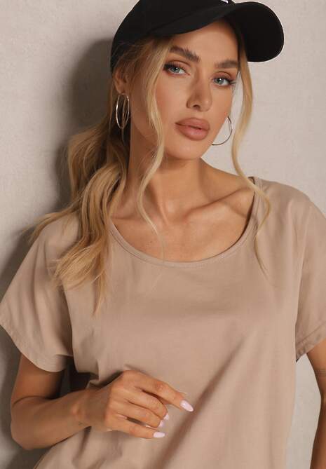 Ciemnobeżowy Bawełniany T-shirt w Stylu Oversize z Rękawami Nietoperz ...