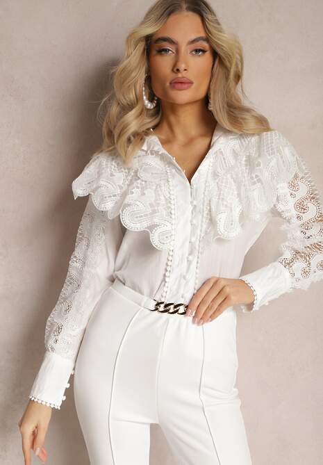 Biała Koszula z Falbanką i Koronką Nido - Renee