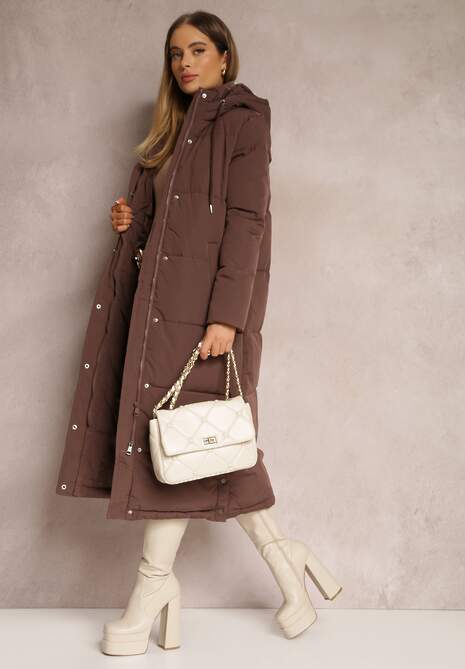 Brązowa Kurtka za Kolano Pikowana z Kapturem Chesho - Renee