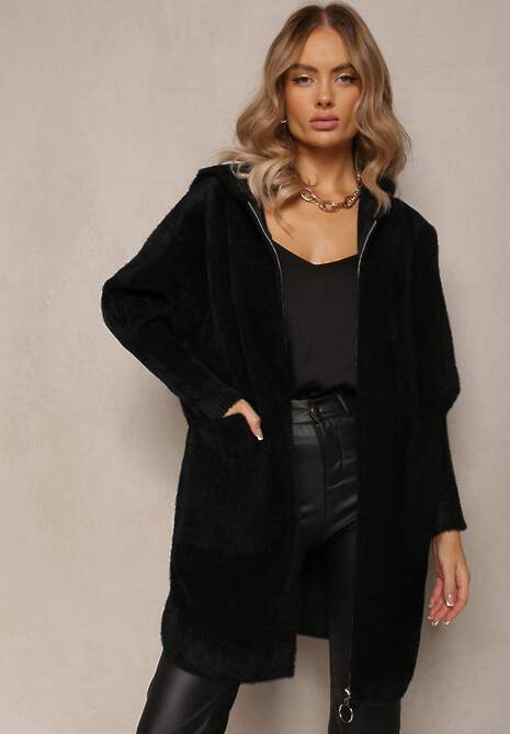 Palton Negru Lână cu Alpaca și Glugă cu Fermoar Dinemis - Renee