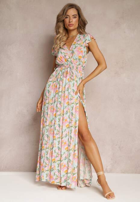 Jasnoniebieska Sukienka Kopertowa z Gumką w Pasie w Kwiaty Toma - Renee