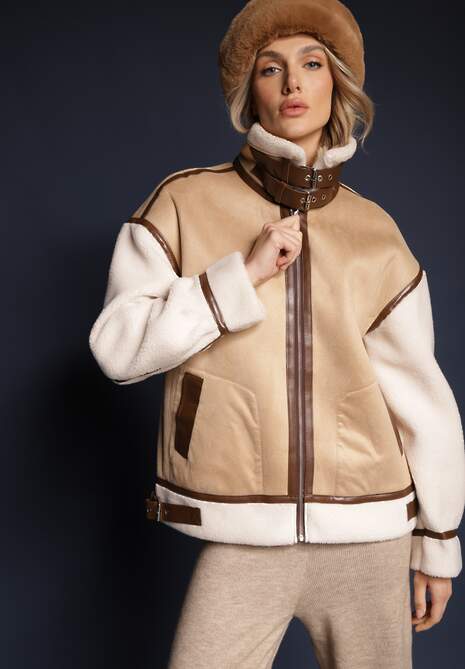 Beżowa Kurtka Pilotka ze Sztucznym Barankowym Futerkiem Phaerehe - Renee