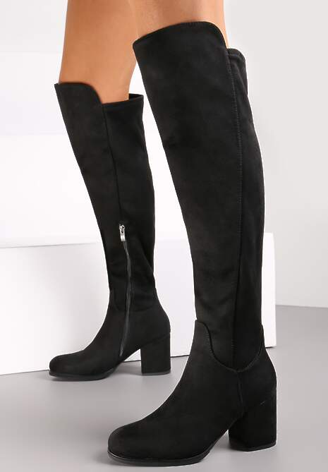 Czarne Kozaki z Dopasowaną Cholewką za Kolano na Słupku Tanka - Renee