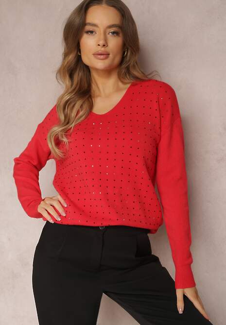 Czerwony Sweter z Trójkątnym Dekoltem i Cyrkoniami Desiress - Renee