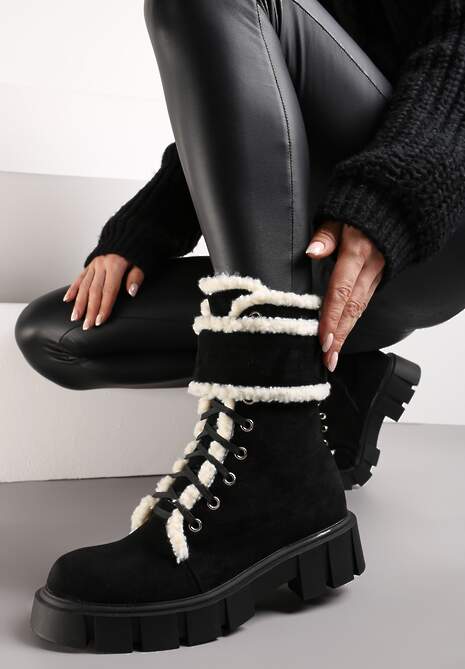 Czarne Botki Workery na Grubej Podeszwie z Futerkiem Valiro - Renee