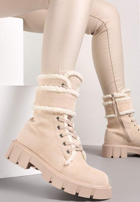 Beżowe Botki Workery na Grubej Podeszwie z Futerkiem Valiro - Renee