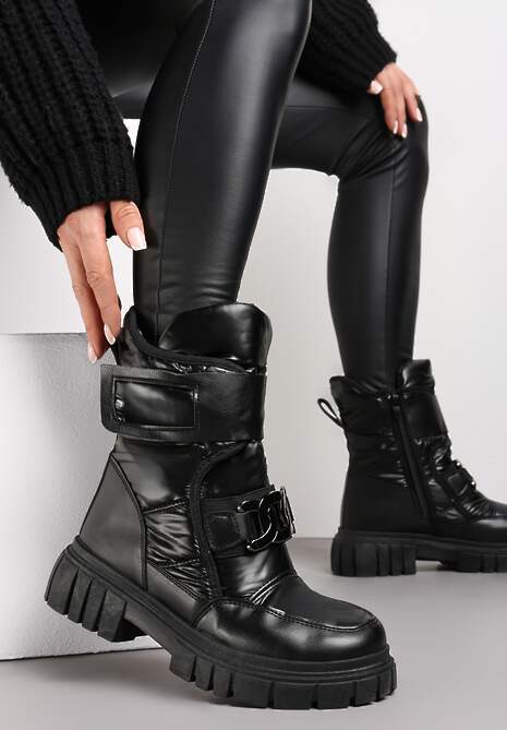 Czarne Pikowane Śniegowce z Klamrą w Kształcie Łańcucha Inaol - Renee