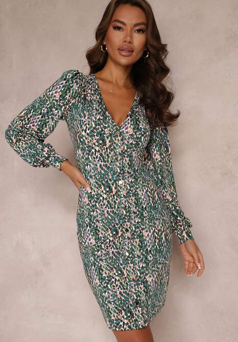 Rochie mini verde imprimată cu decolteu adânc și manșete Leossa - Renee
