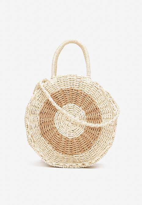 Beżowa Okrągła Torebka Kuferek z Plecionki Rennos - Renee
