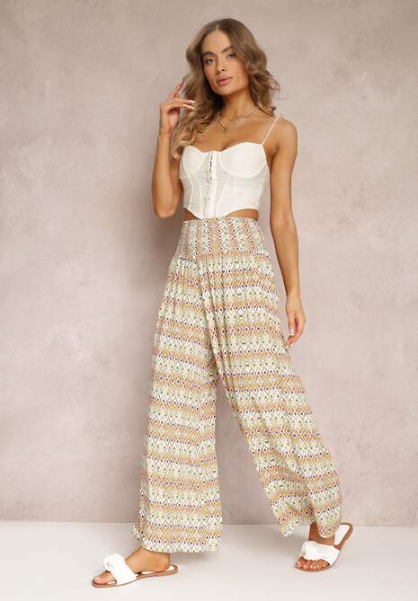 Żółte Szerokie Spodnie z Cienkimi Gumką w Talii i Wysokim Stanem z ...