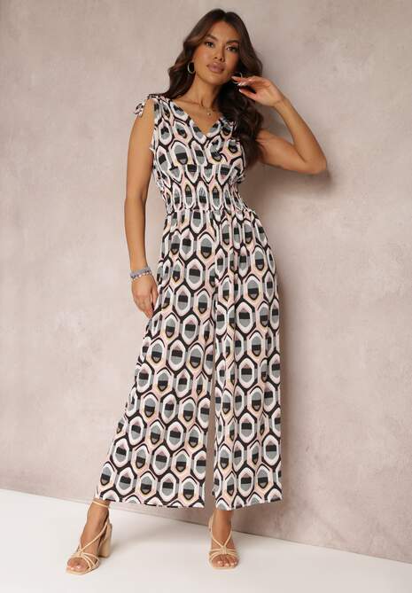 Czarno-Różowy Kopertowy Kombinezon z Wiskozy z Szeroką Gumką w Talii ...