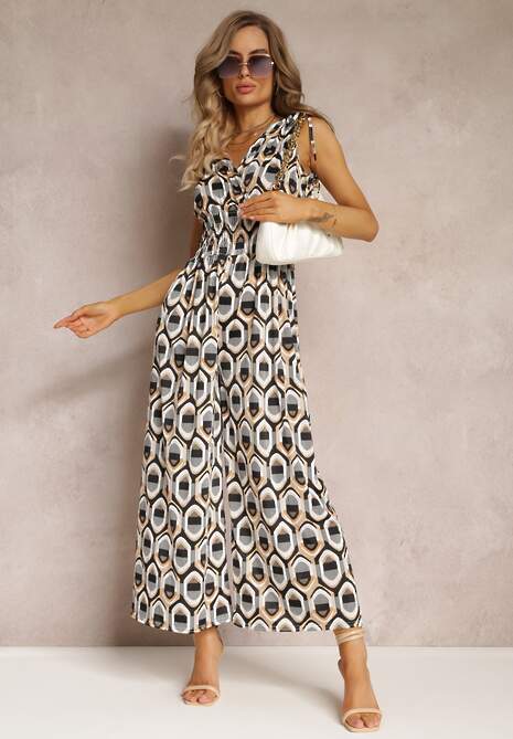 Beżowo-Czarny Kopertowy Kombinezon z Wiskozy z Szeroką Gumką w Talii ...