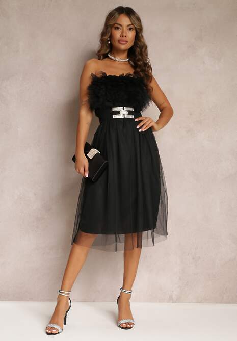 Czarna Tiulowa Sukienka bez Ramiączek z Falbankami Tremone - Renee