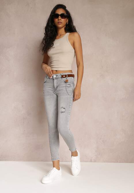 Szare Jeansy Skinny z Dziurami i Dodatkowym Paskiem z Łańcuszkiem ...