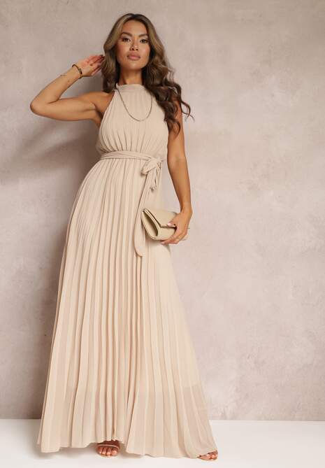 Rochie bej maxi fără mâneci cu elastic în talie din material plisat ...