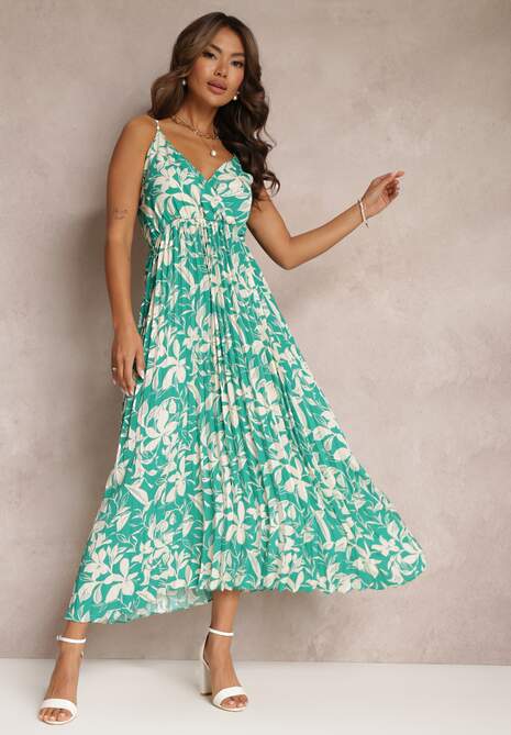 Zielona Kwiecista Sukienka Maxi z Plisowanym Dołem i Gumką w Talii ...