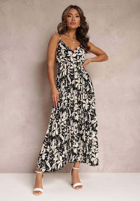 Czarna Kwiecista Sukienka Maxi z Plisowanym Dołem i Gumką w Talii Xinne ...