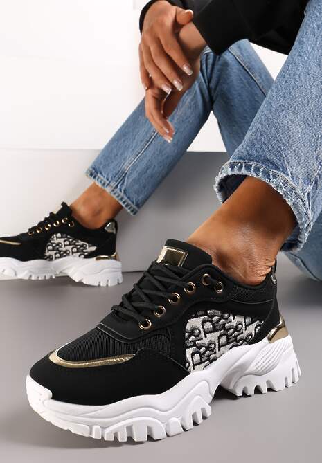 Czarne Sneakersy na Grubej Podeszwie z Metaliczną Wstawką Austyna - Renee