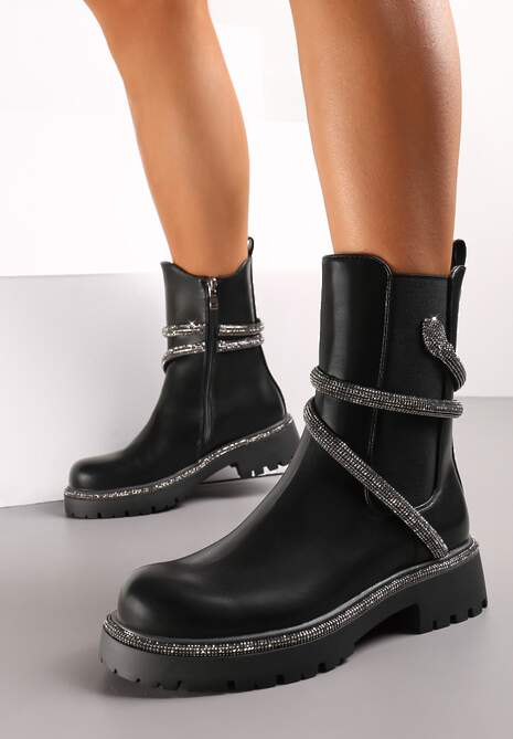 Czarne Ocieplone Botki na Płaskiej Podeszwie z Protektorem i Cyrkoniami ...