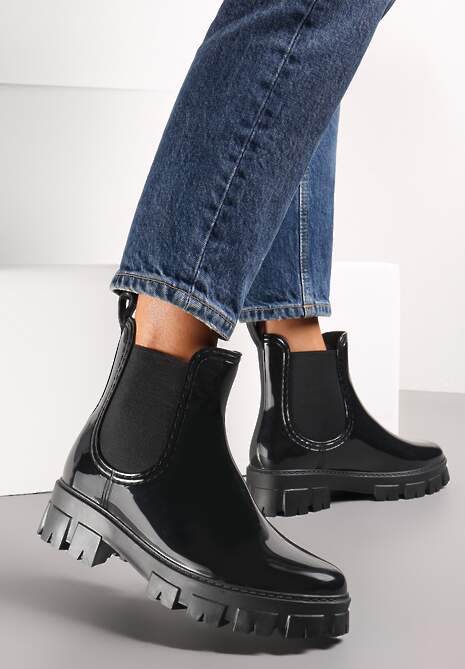 Czarne Kalosze za Kostkę na Grubej Podeszwie Hewan - Renee