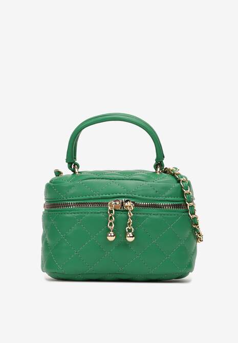 Zielona Torebka Kuferek z Ozdobnym Pikowaniem i Biżuteryjnym Paskiem ...
