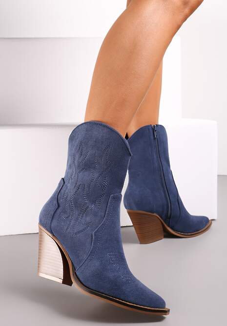 Niebieskie Kowbojki Botki na Stożku z Delikatnym Haftem Krisvare - Renee