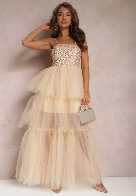 Beżowa Wieczorowa Sukienka Maxi Ozdobiona Cekinami i Falbankami z Tiulu ...