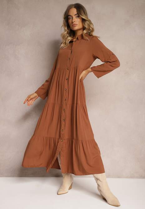 Ciemnobrązowa Koszulowa Sukienka Maxi z Bawełny Junira - Renee