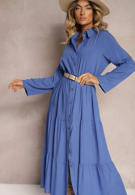 Niebieska Koszulowa Sukienka Maxi z Bawełny Junira - Renee