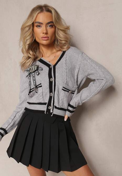 Szary Wiskozowy Kardigan z Broszkową Kokardką i Kontrastowymi Lamówkami ...