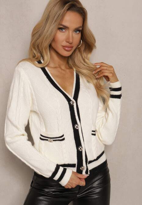 Biały Wiskozowy Kardigan z Broszkową Kokardką i Kontrastowymi Lamówkami ...