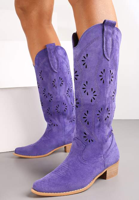 Fioletowe Kozaki Kowbojki na Płaskim Obcasie z Ażurową Cholewką z ...