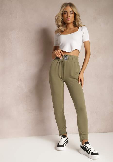 Zielone Spodnie Dresowe High Waist z Kieszeniami i Ściągaczami Falira ...
