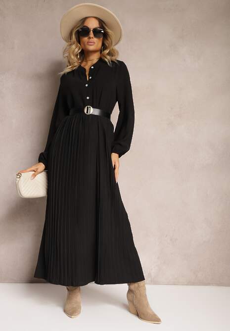 Czarna Rozkloszowana Sukienka Maxi Plisowana Wiązana w Pasie Terilla ...