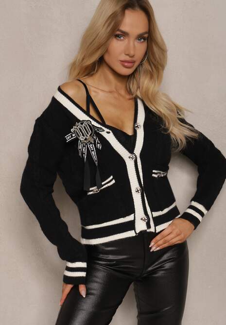 Czarny Wiskozowy Kardigan z Broszkową Kokardką i Kontrastowymi ...
