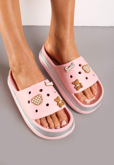 Różowe Piankowe Klapki z Uroczymi Aplikacjami na Szerokim Pasku z ...